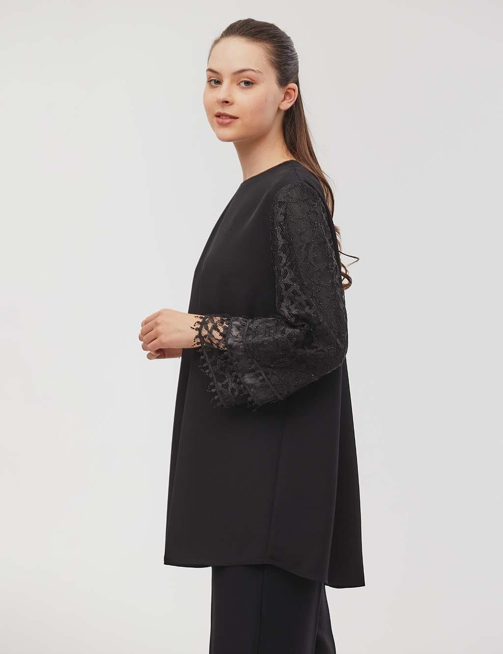 Round Neck Collar Tunic With Lace Sleeves Black