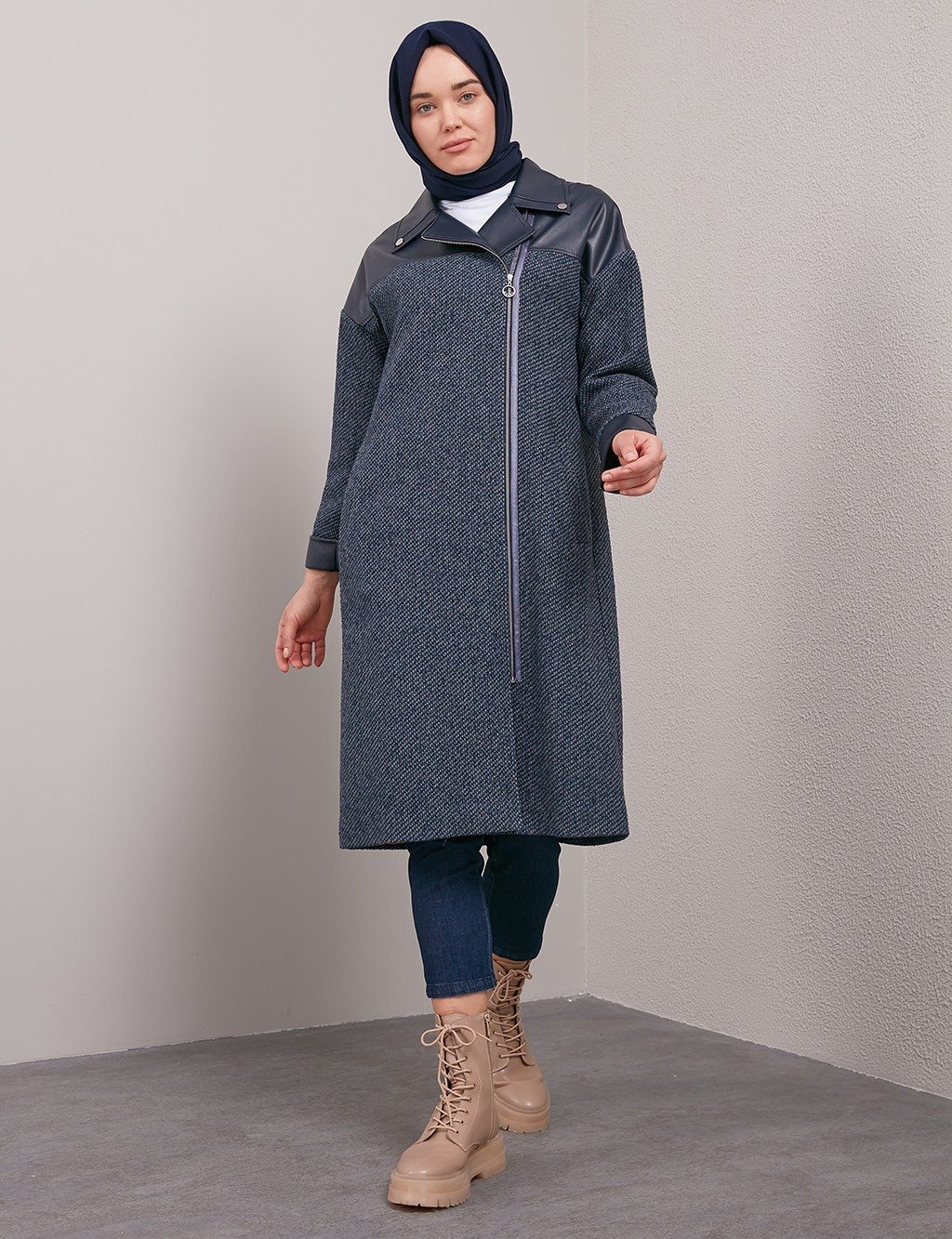 Side Zipper Coat Navy