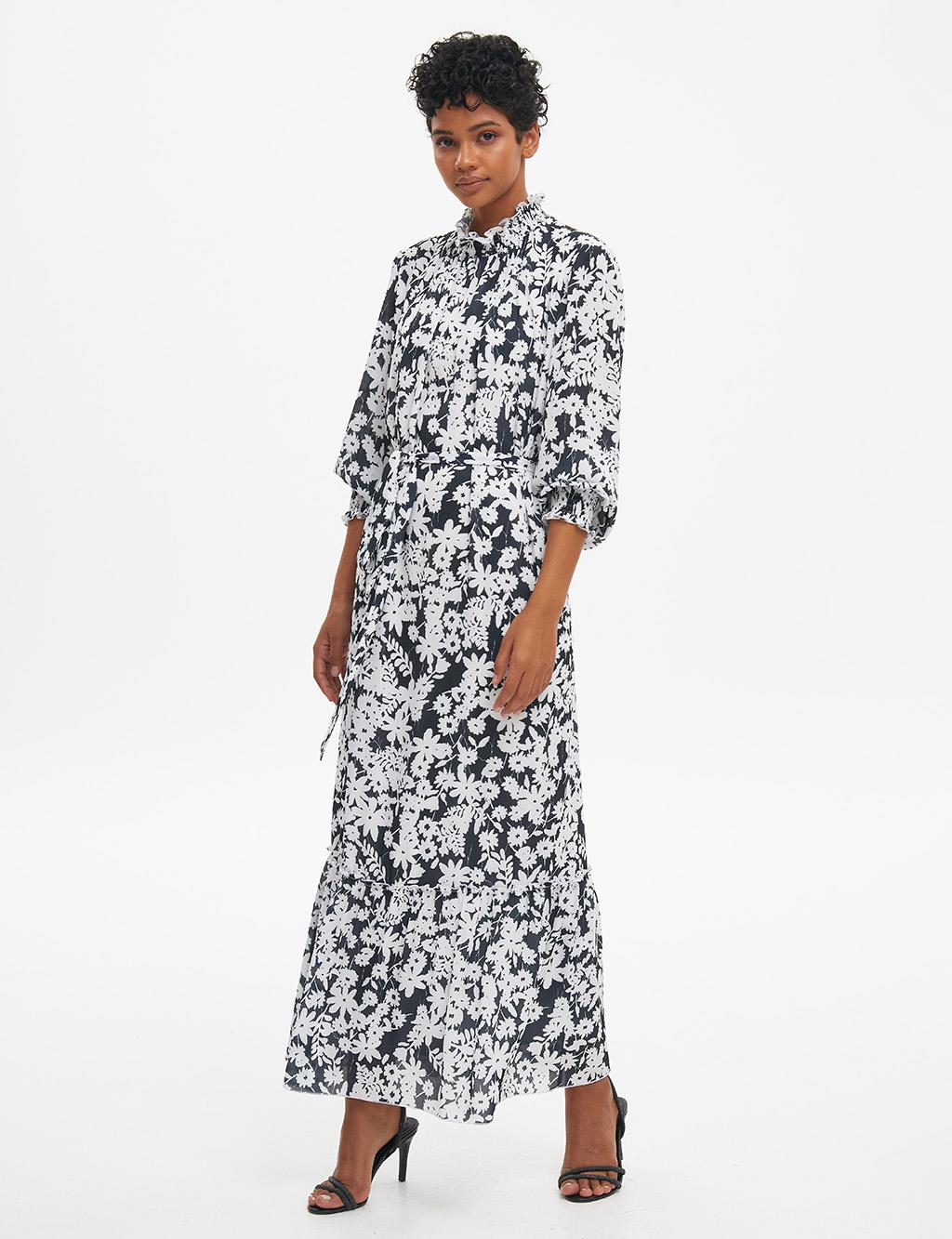 Flowy Floral Pattern Dress Black-White