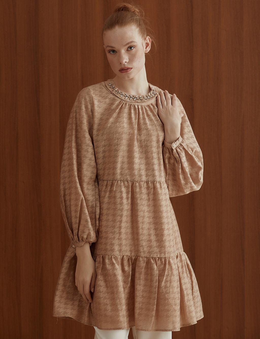 Houndstooth Patterned Embroidered Tunic Beige