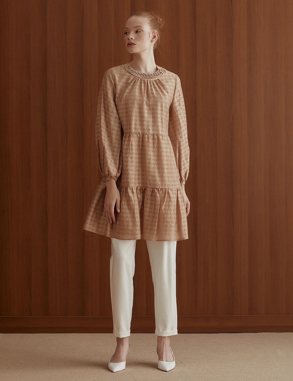 Houndstooth Patterned Embroidered Tunic Beige