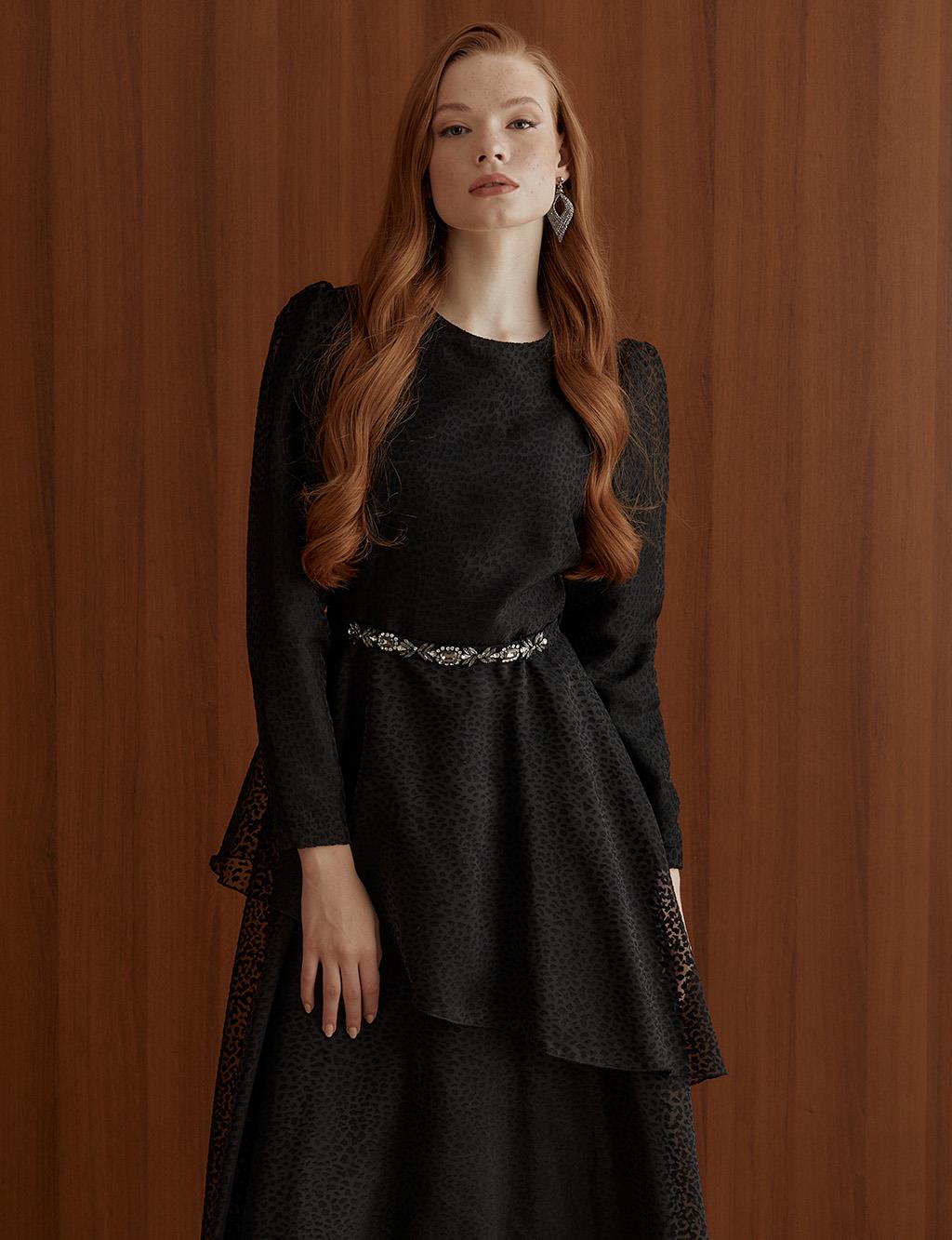 Patterned Layered Dress Black - Kayra.com