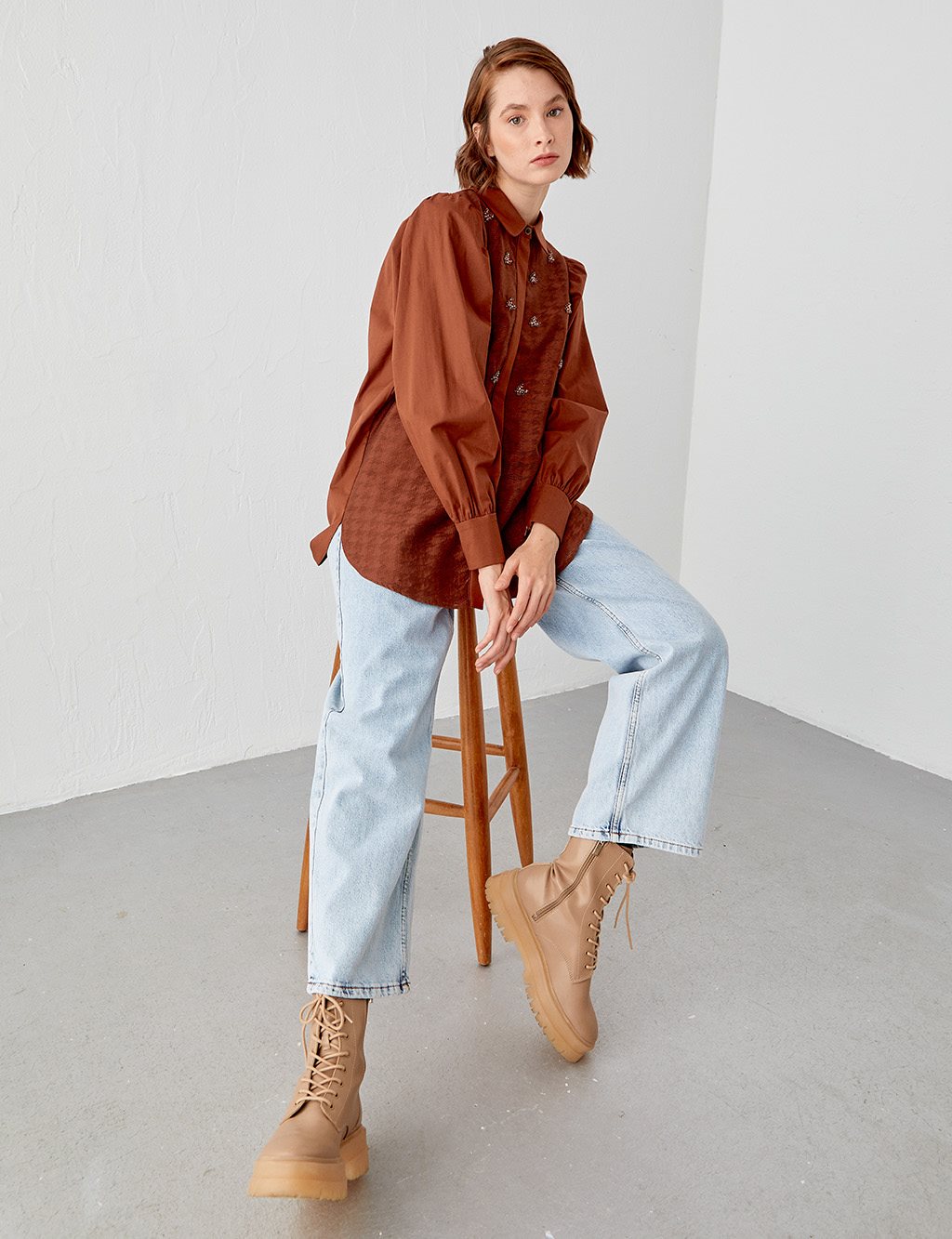 Hidden Placket Embroidered Shirt Brown - Kayra.com