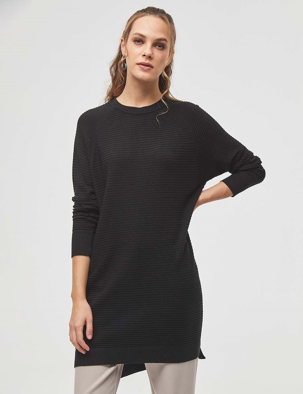 Ribbed Asymmetric Cut Knitwear Tunic Black - Kayra.com