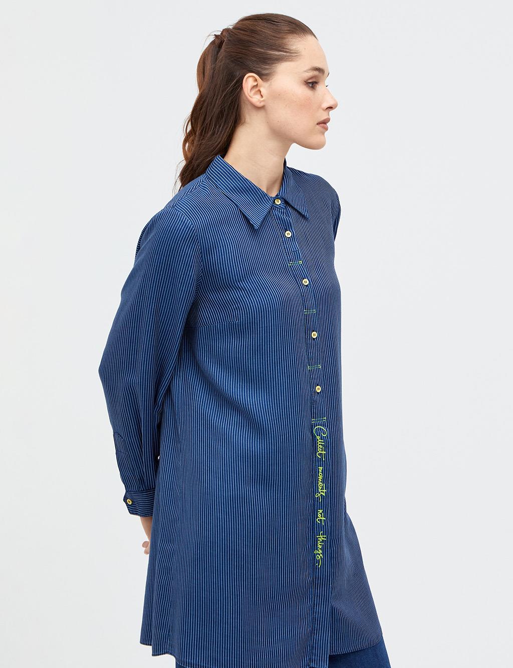 Placket Embroidered Striped Tunic Navy