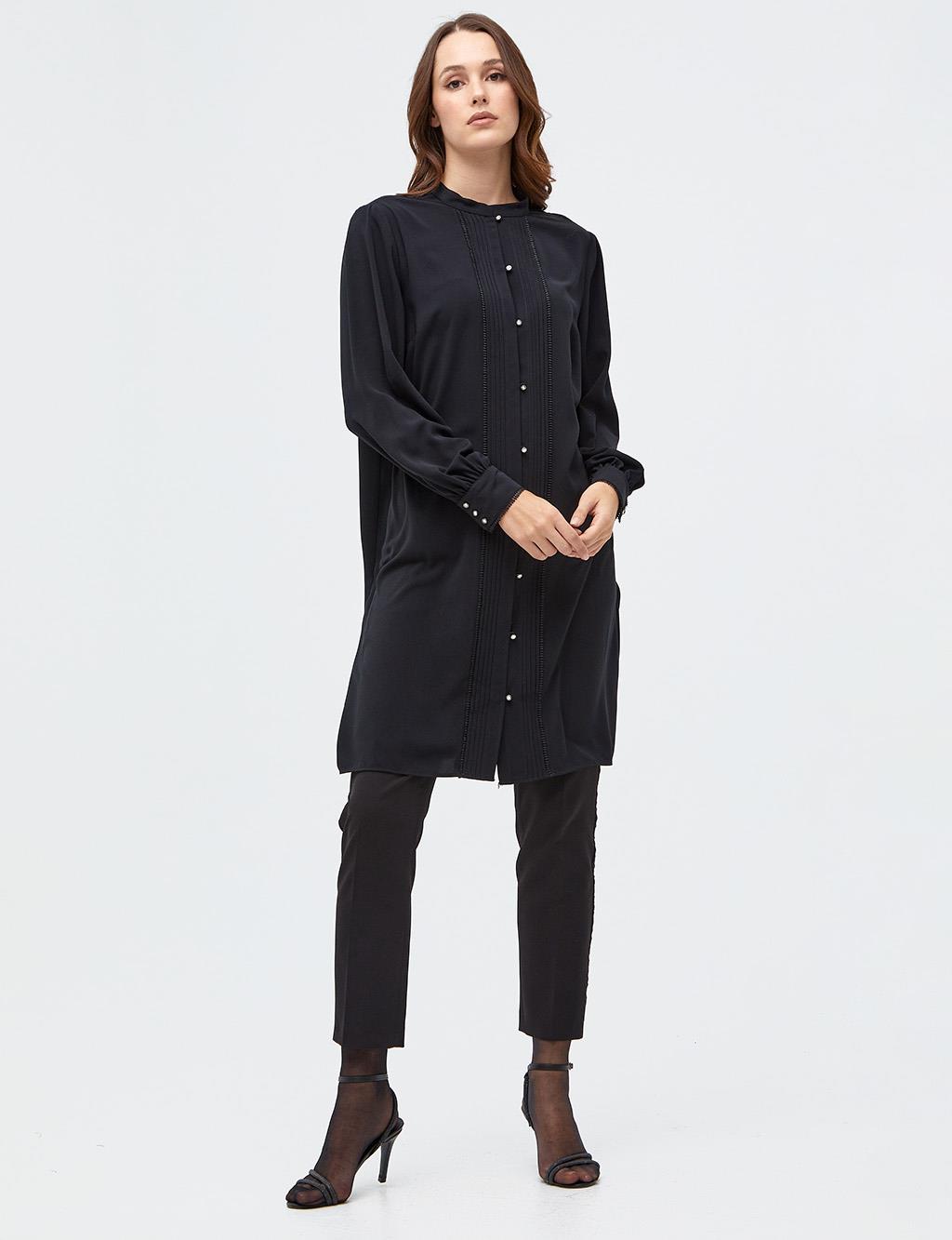 Ribbed Grandad Collar Tunic Black