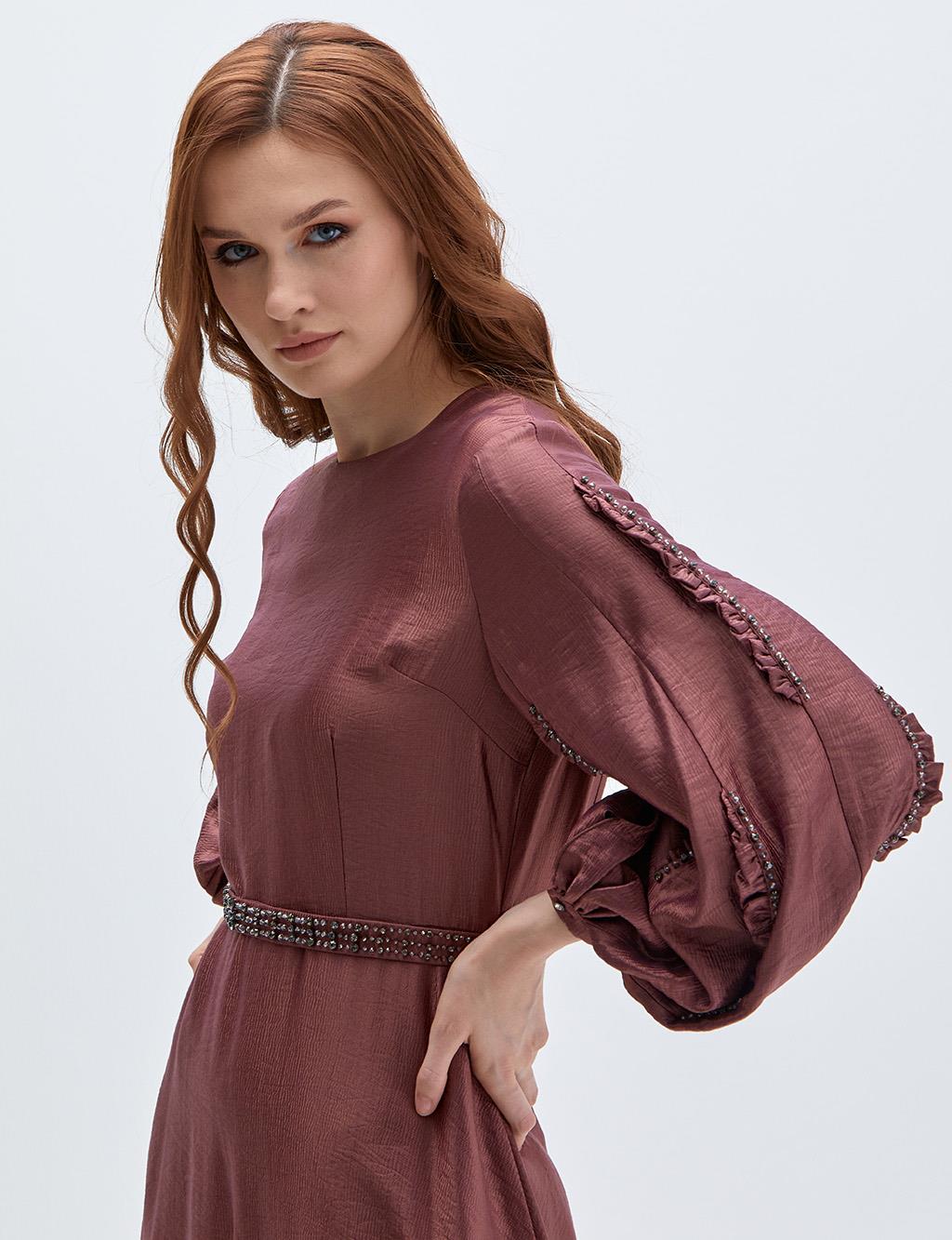 Bead Embroidered Crinkle Dress Bronze Brown - Kayra.com