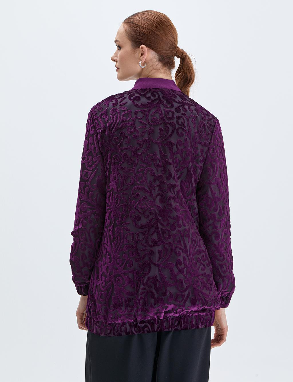 Zipper Closure Ethnic Pattern Jacket Plum