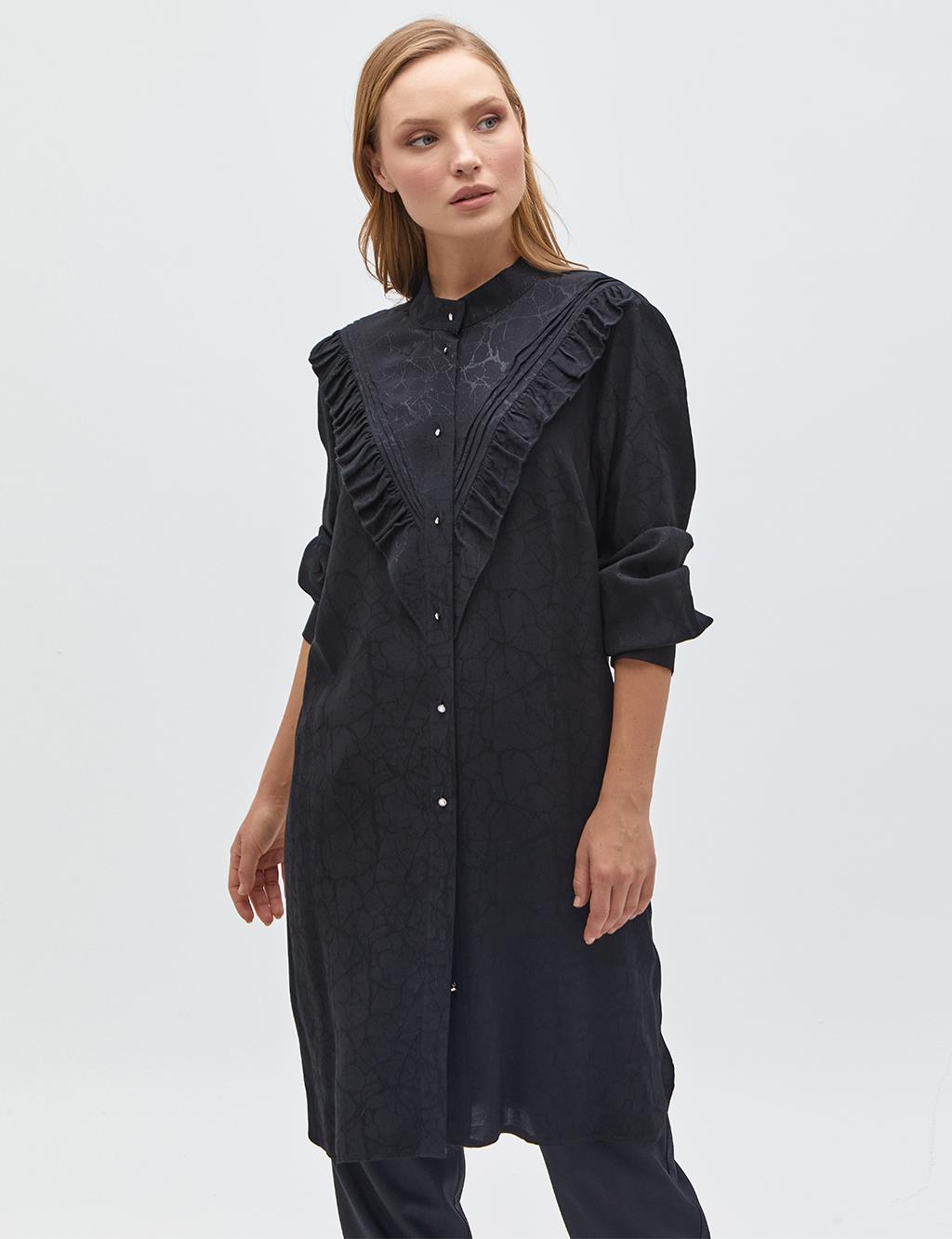 Ruffle Striped Judge Collar Tunic Black