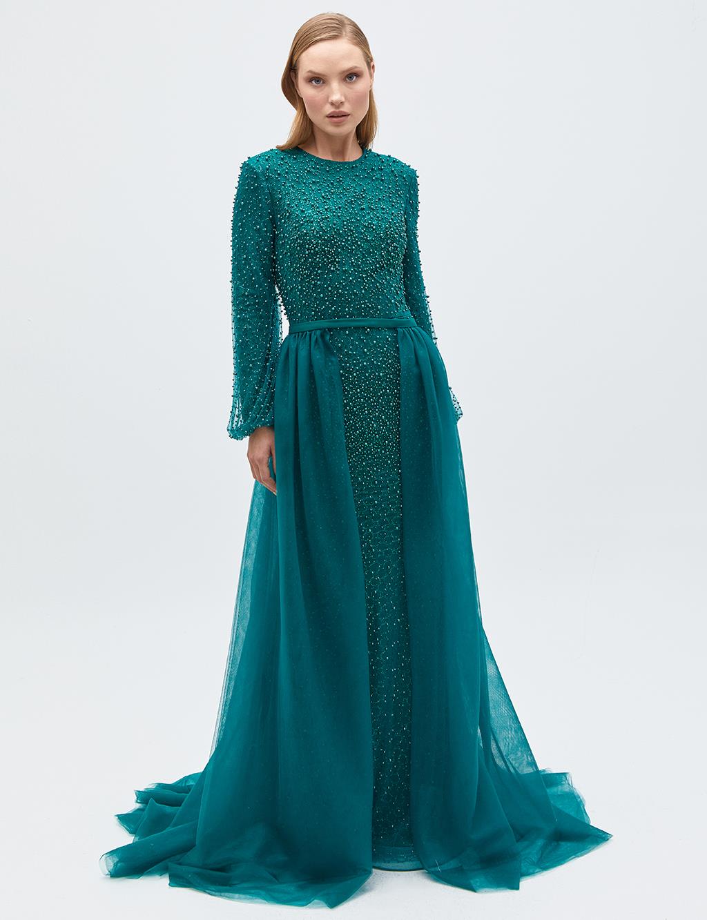 Pearl Embroidered Cape Evening Dress Emerald - Kayra.com