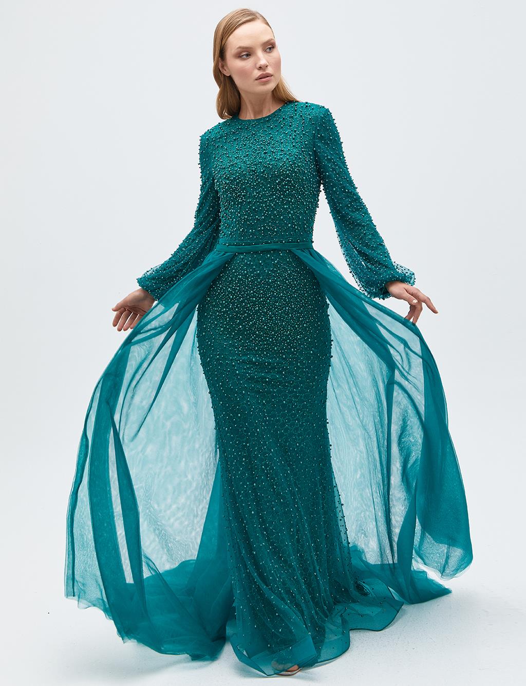 Pearl Embroidered Cape Evening Dress Emerald - Kayra.com