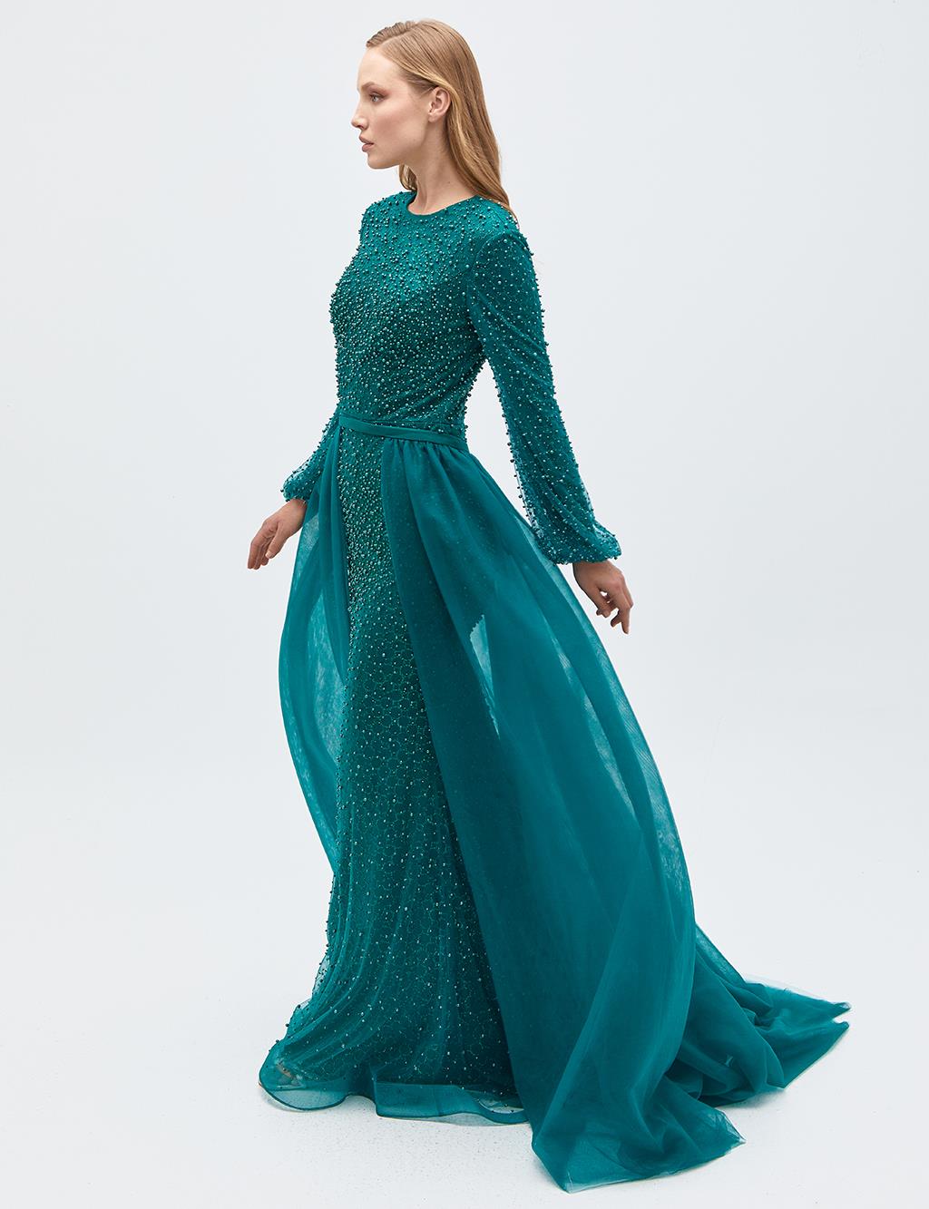 Pearl Embroidered Cape Evening Dress Emerald - Kayra.com