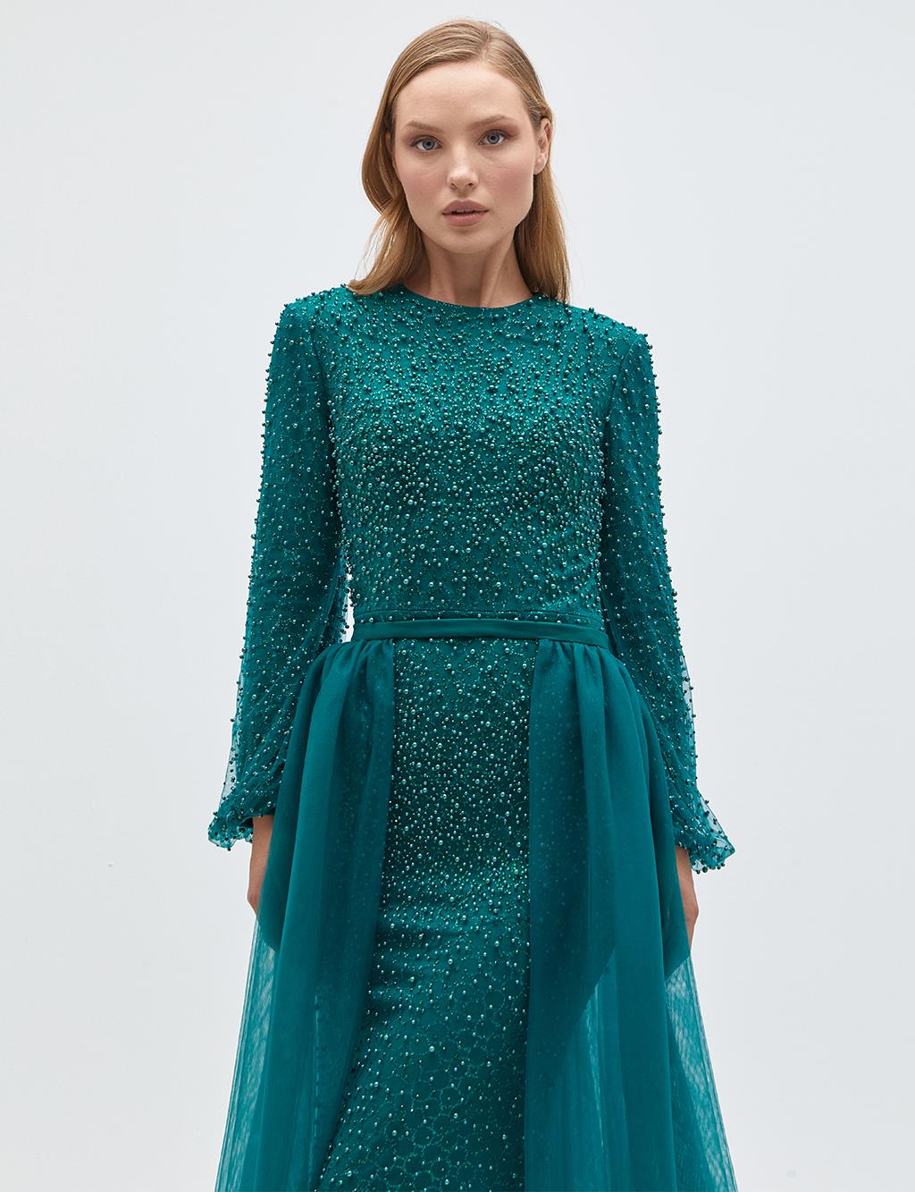 Pearl Embroidered Cape Evening Dress Emerald - Kayra.com