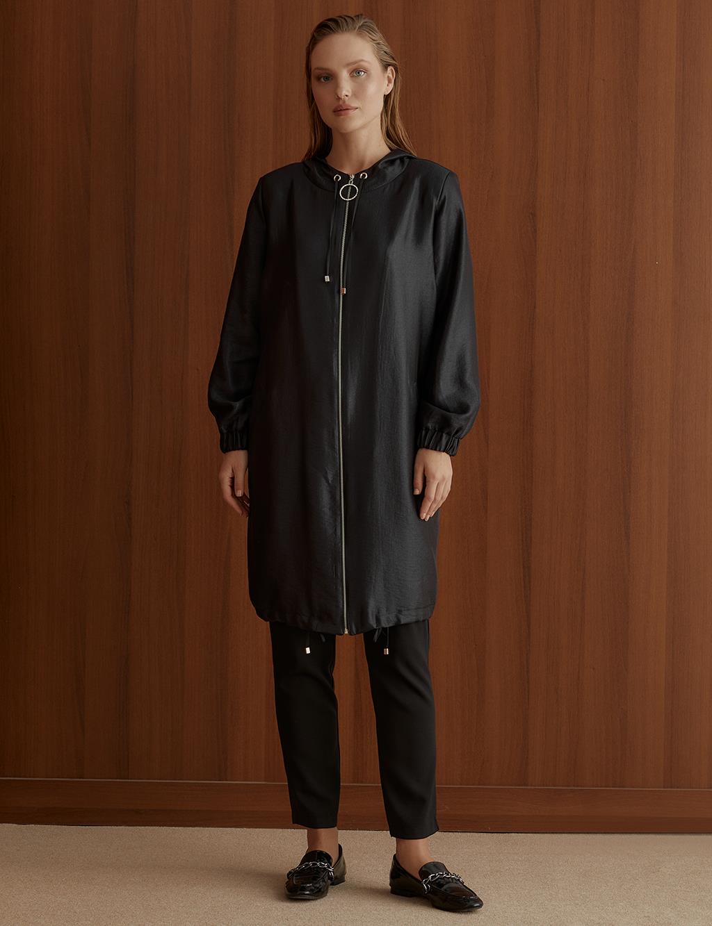 Zipper Closure Hooded Cap Black