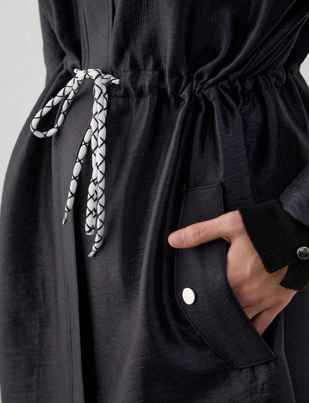 Pleated Waist Snap Snap Closure Trench Coat|Cap Black