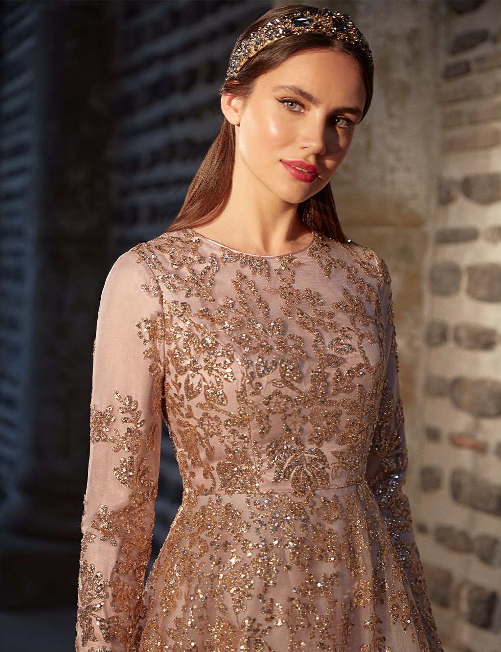 TIARA Round Neck Collar Long Sleeve Evening Dress Blush - Kayra.com