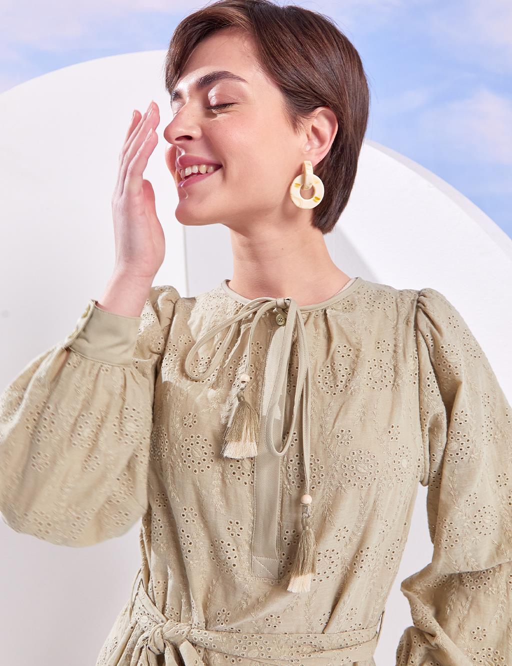 Balon Kol Brode Elbise Küf Yeşili