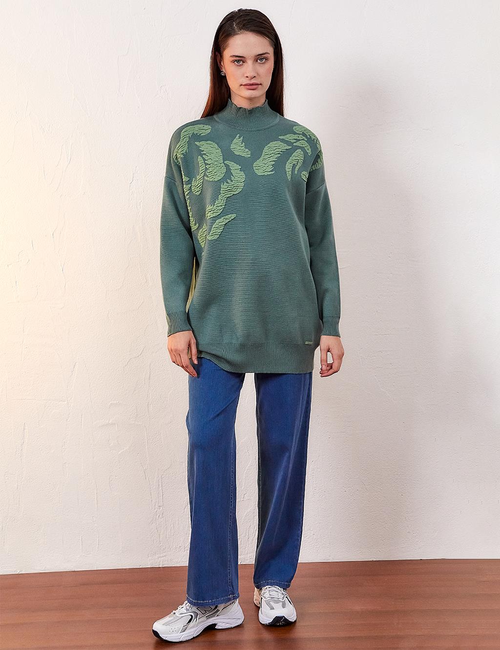 Abstract Patterned Turtleneck Knitwear Tunic Mold Green