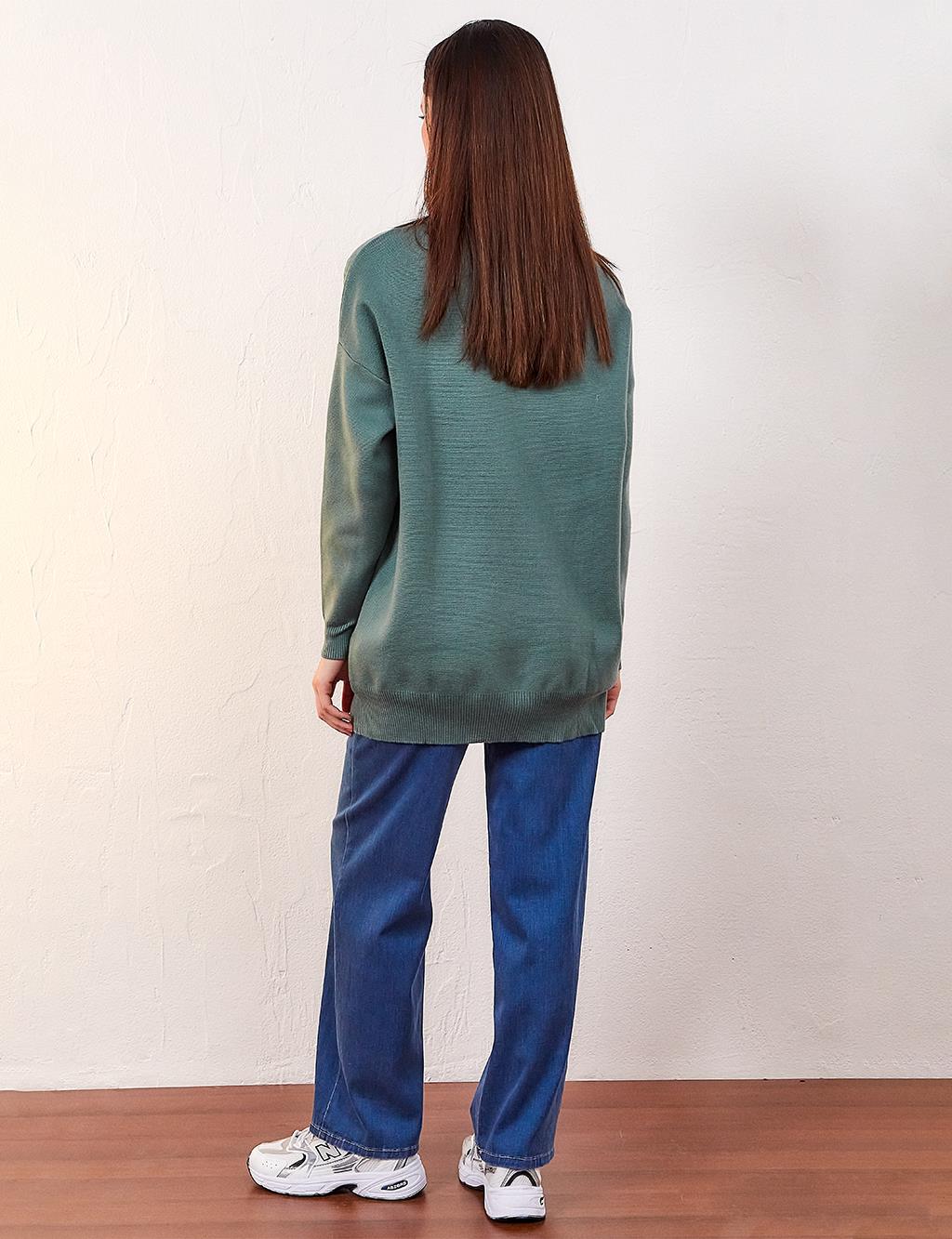 Abstract Patterned Turtleneck Knitwear Tunic Mold Green