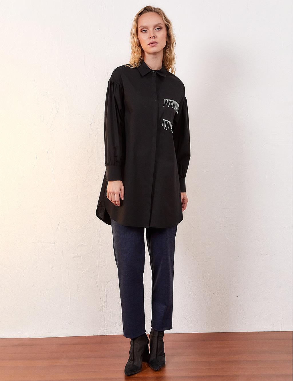 Stoned Gathered Balloon Sleeve Tunic Black