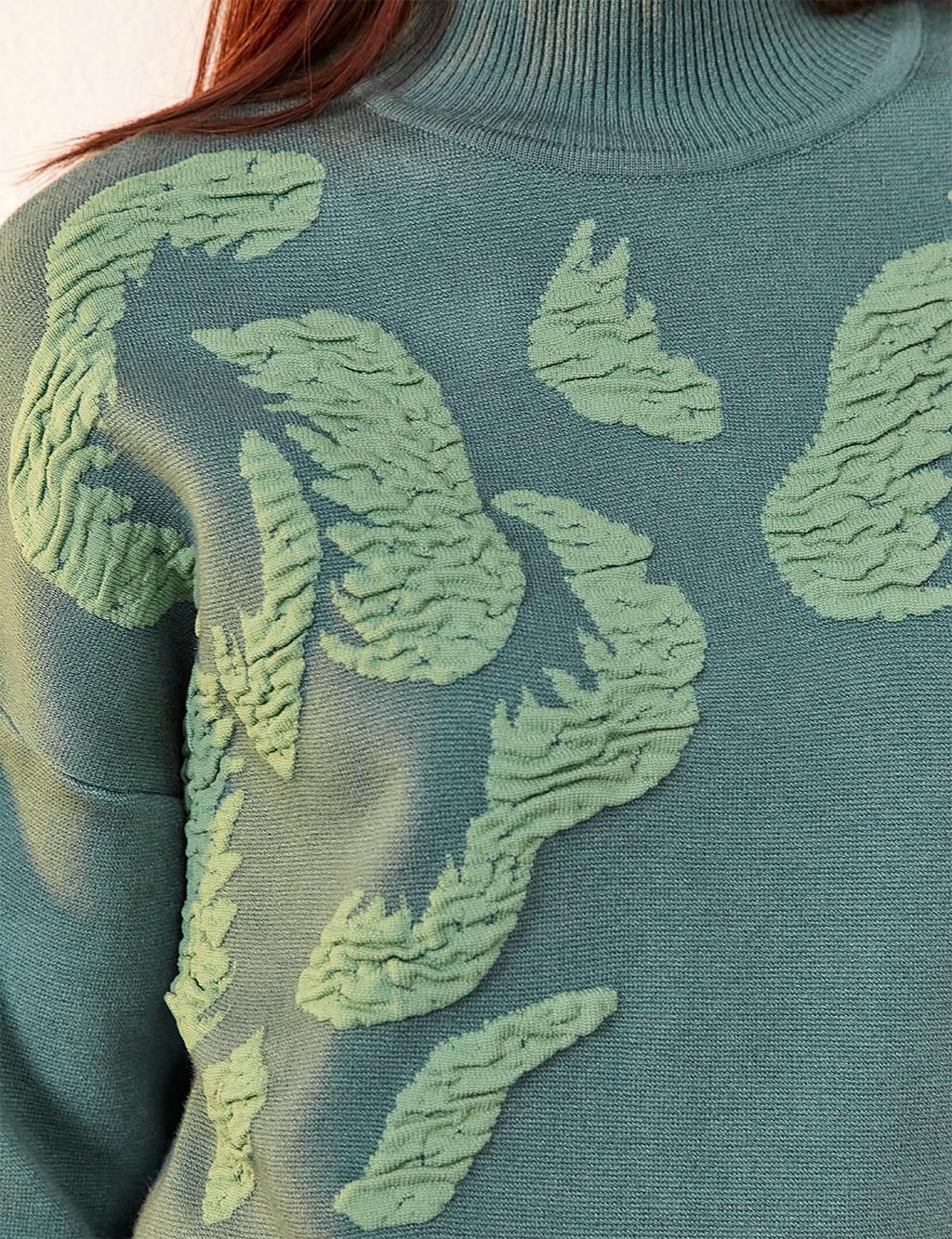 Abstract Patterned Turtleneck Knitwear Tunic Mold Green