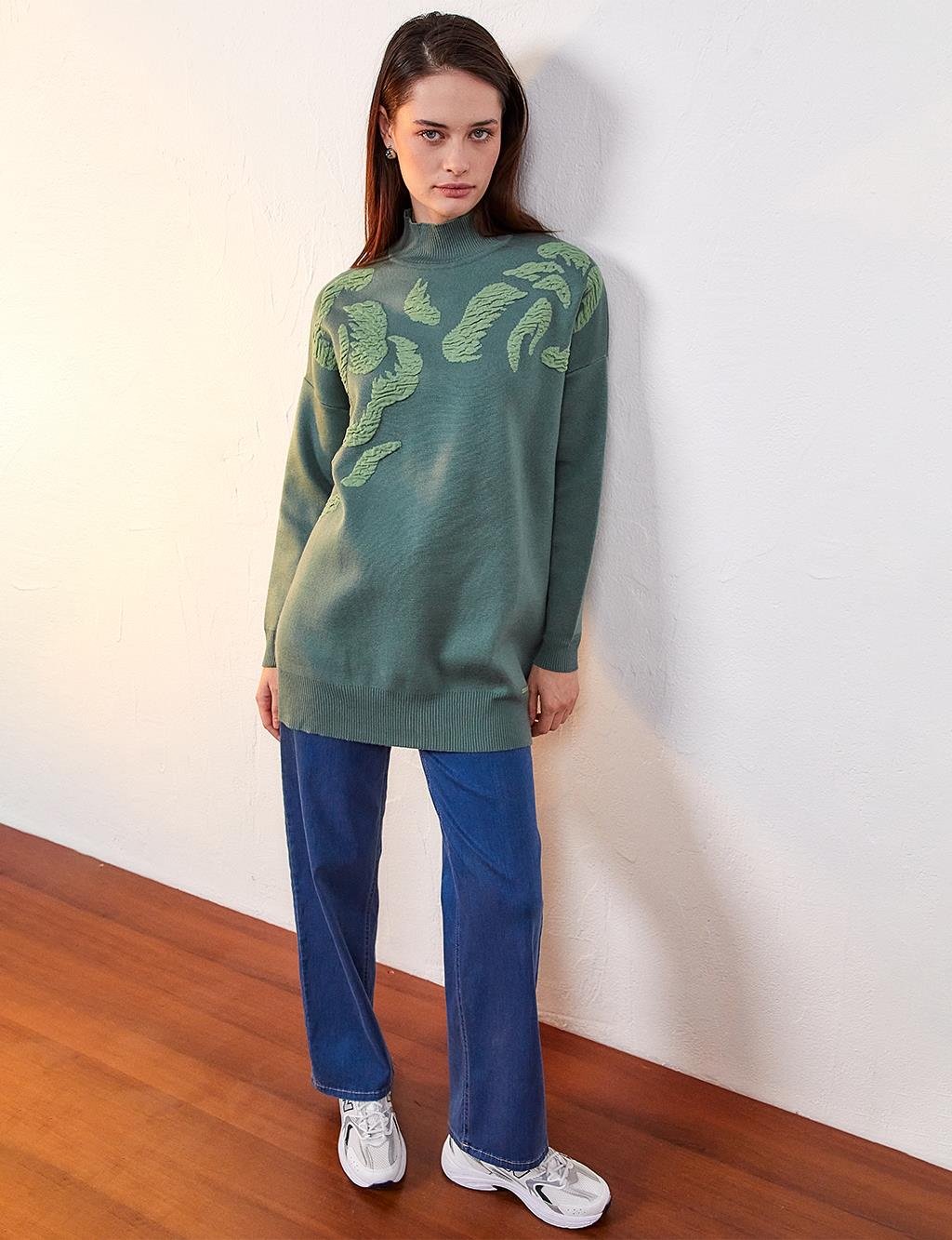 Abstract Patterned Turtleneck Knitwear Tunic Mold Green