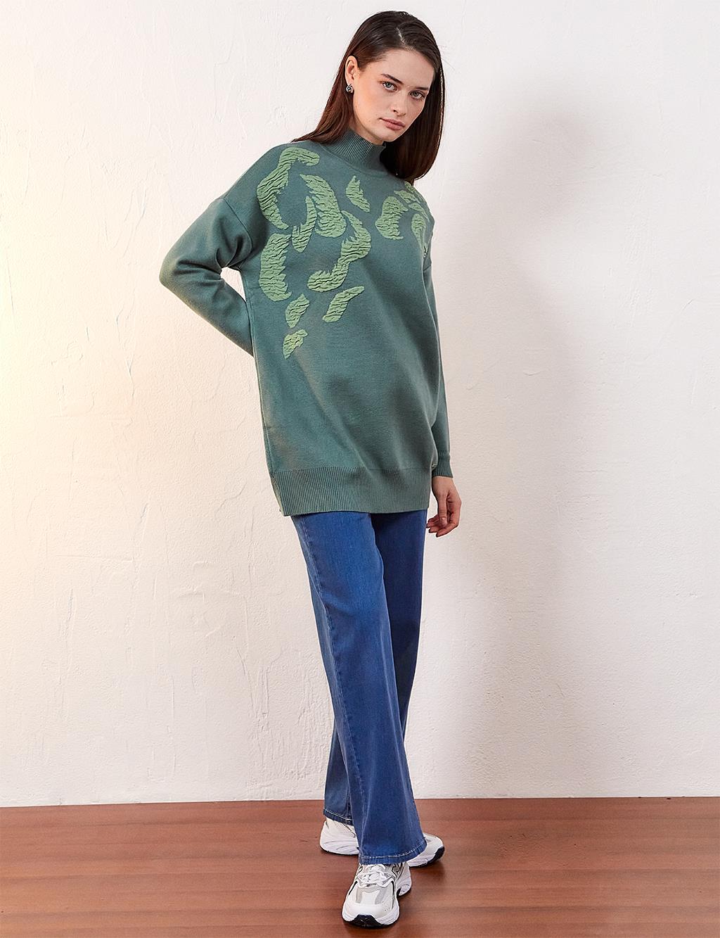 Abstract Patterned Turtleneck Knitwear Tunic Mold Green