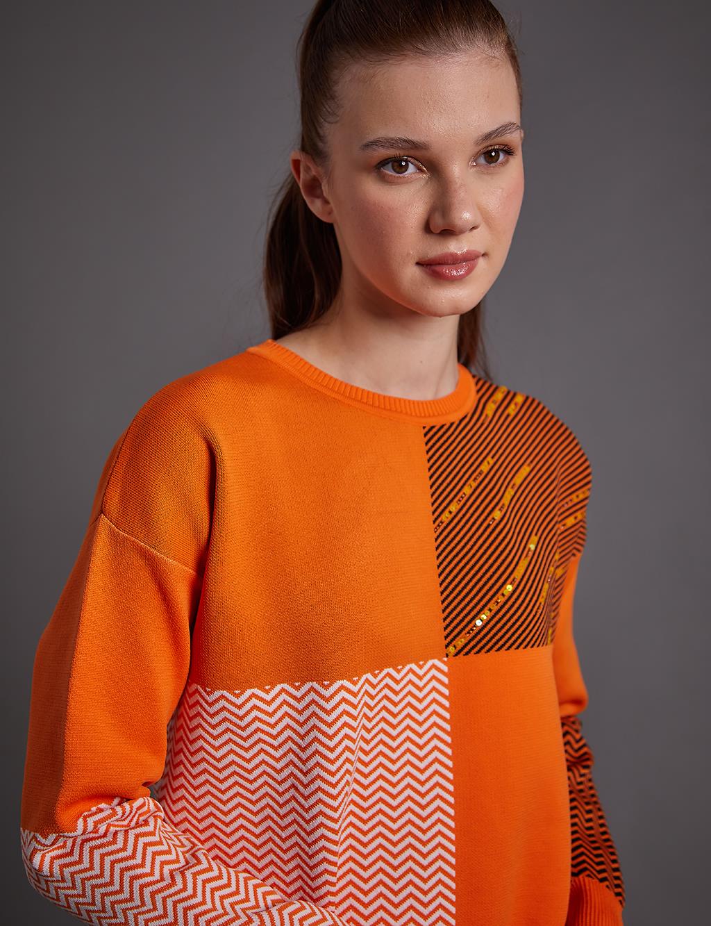 Abstract Pattern Crew Neck Knitwear Tunic Orange