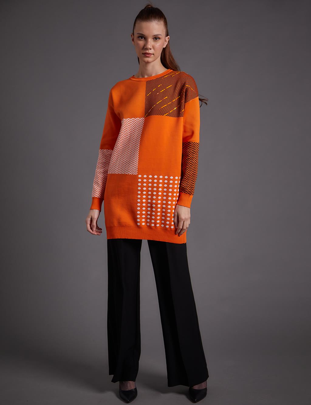 Abstract Pattern Crew Neck Knitwear Tunic Orange