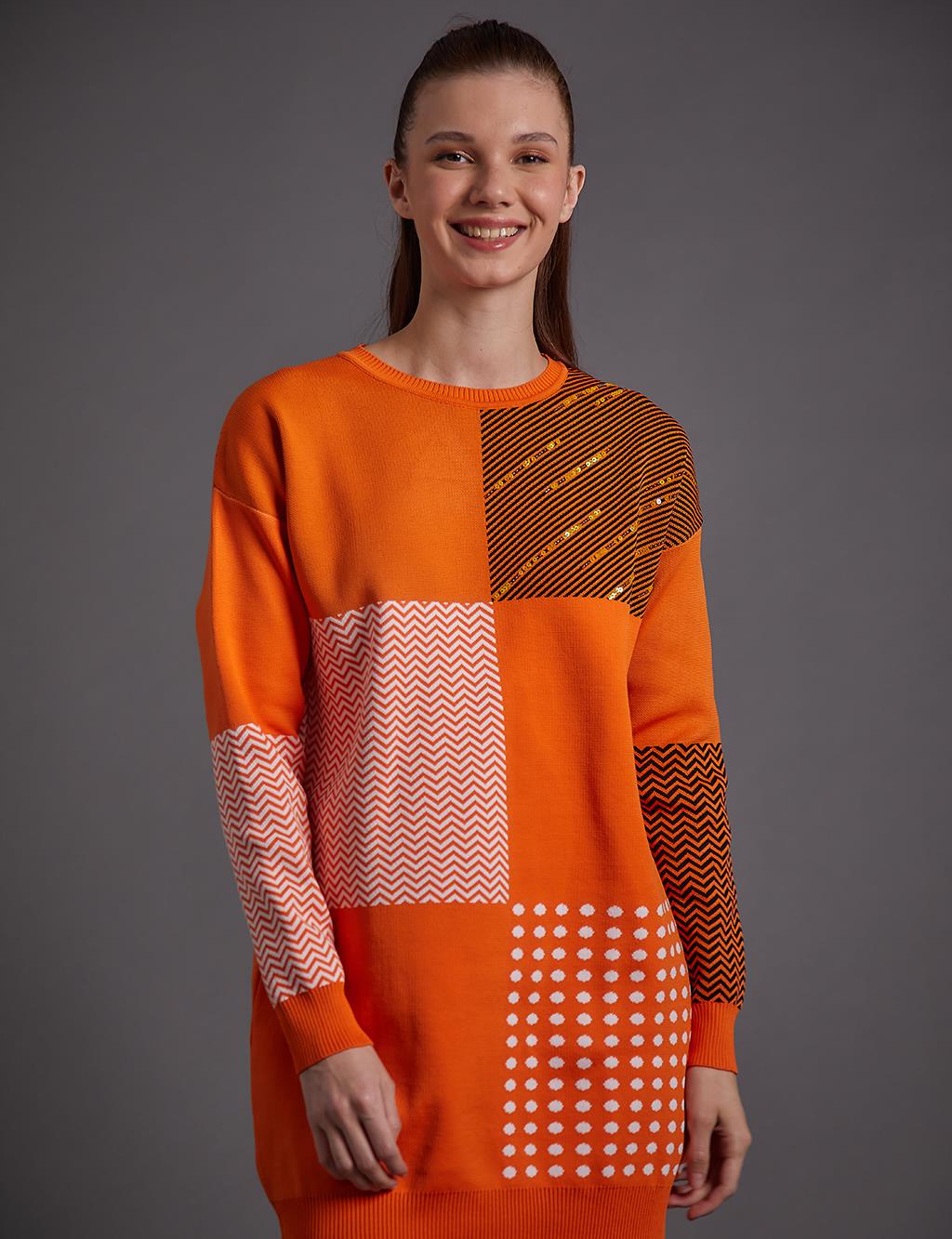 Abstract Pattern Crew Neck Knitwear Tunic Orange