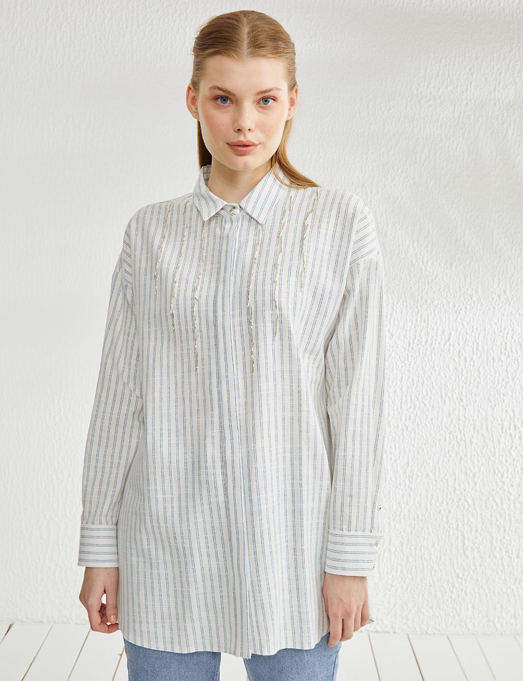 Beaded Embroidered Cotton Tunic Ecru-Light Blue