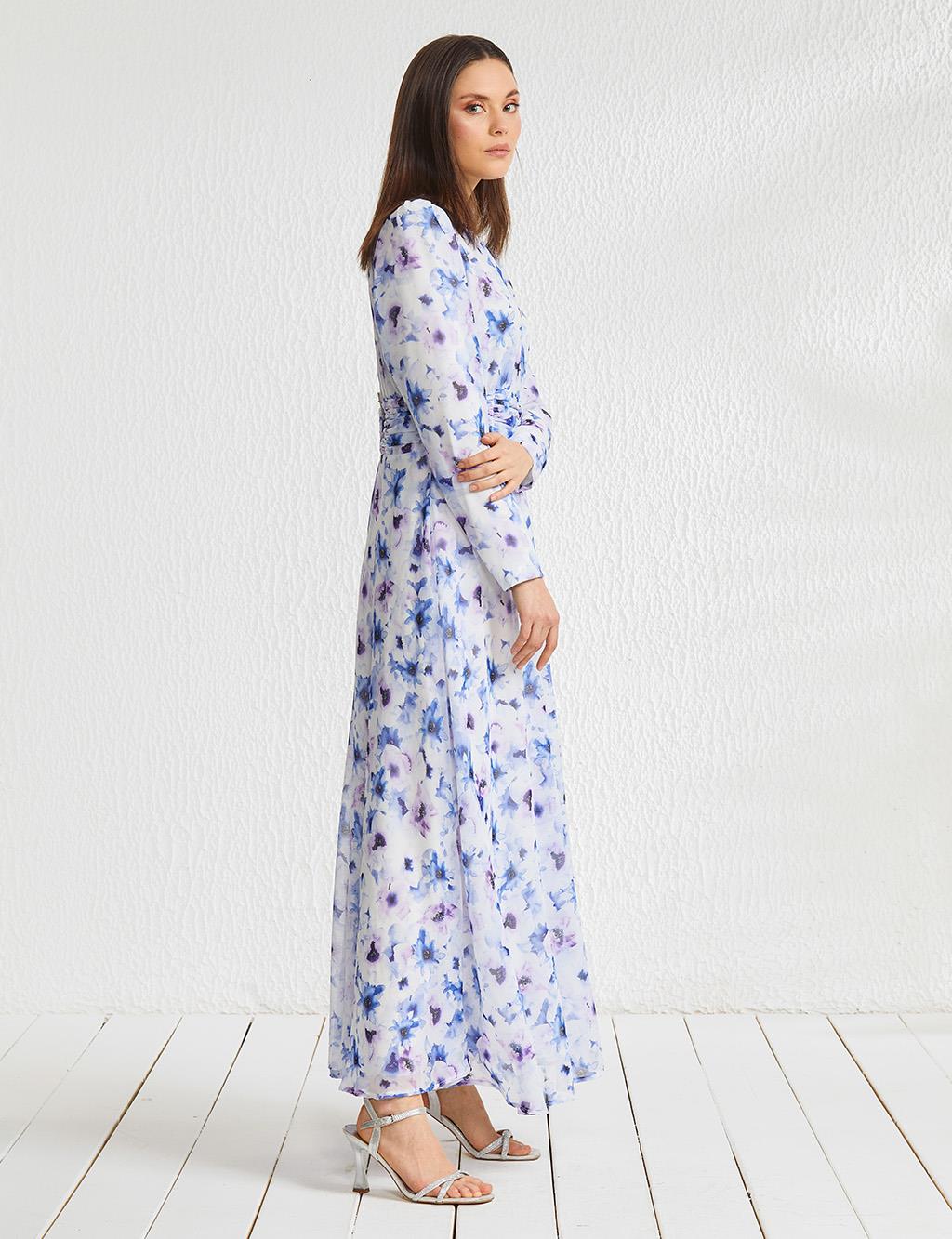 Floral Desenli Sıfır Yaka Uzun Elbise Parlement Mavi