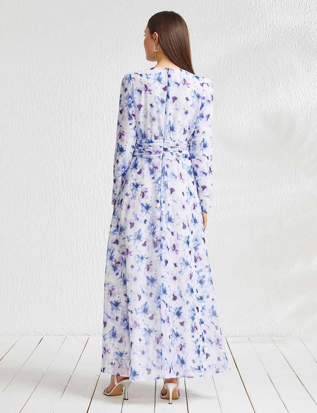 Floral Desenli Sıfır Yaka Uzun Elbise Parlement Mavi