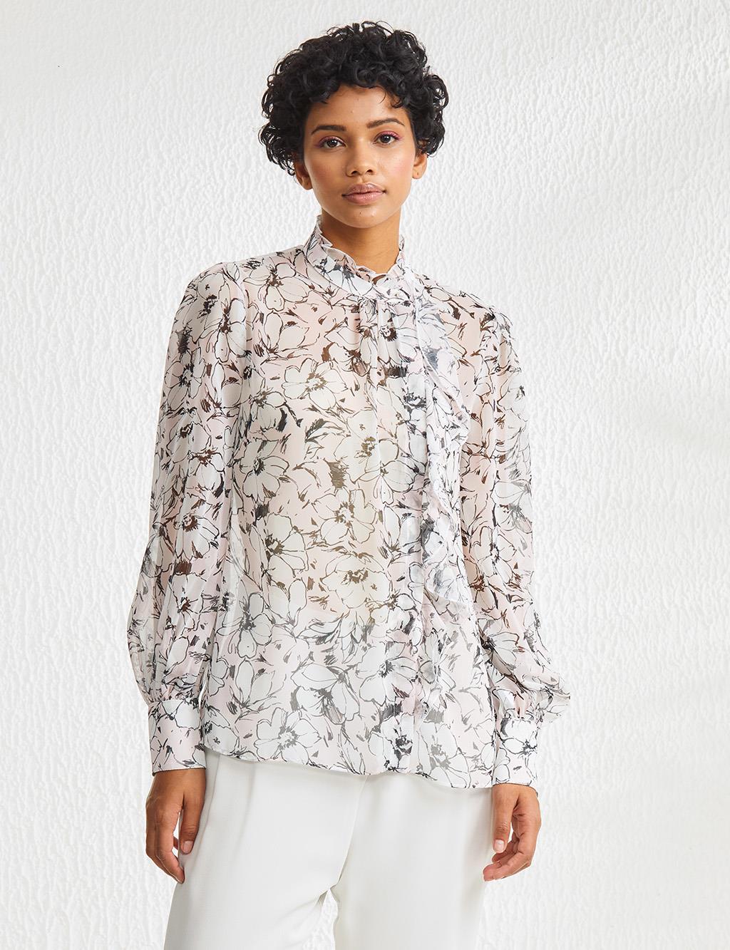 Floral Patterned Ruffle Collar Blouse Powder