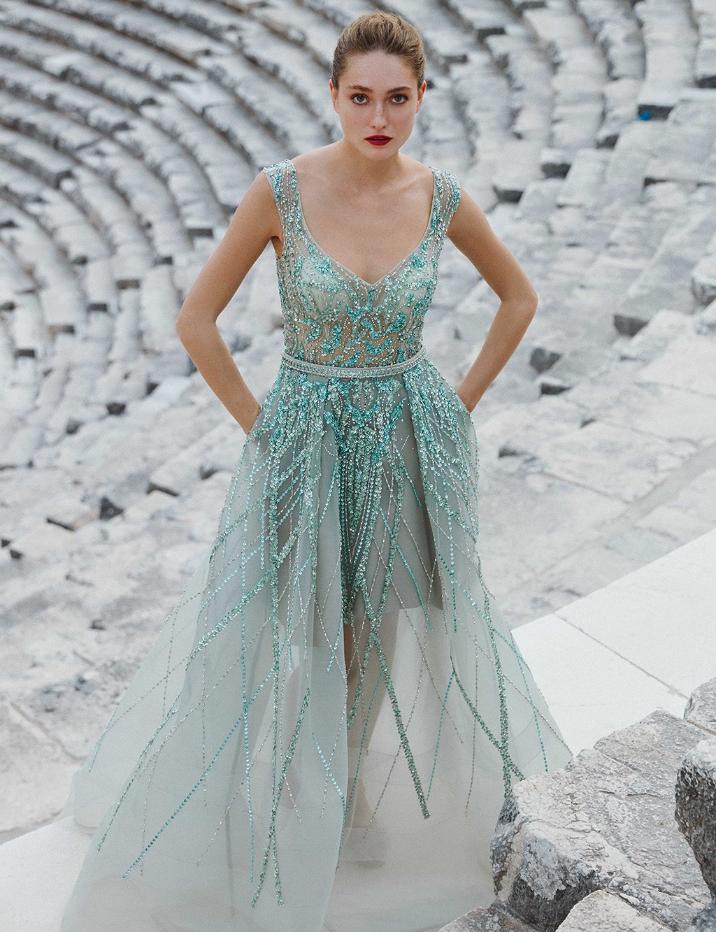 TIARA Stone Embroidered Deep V Neck Evening Dress Smokey Green