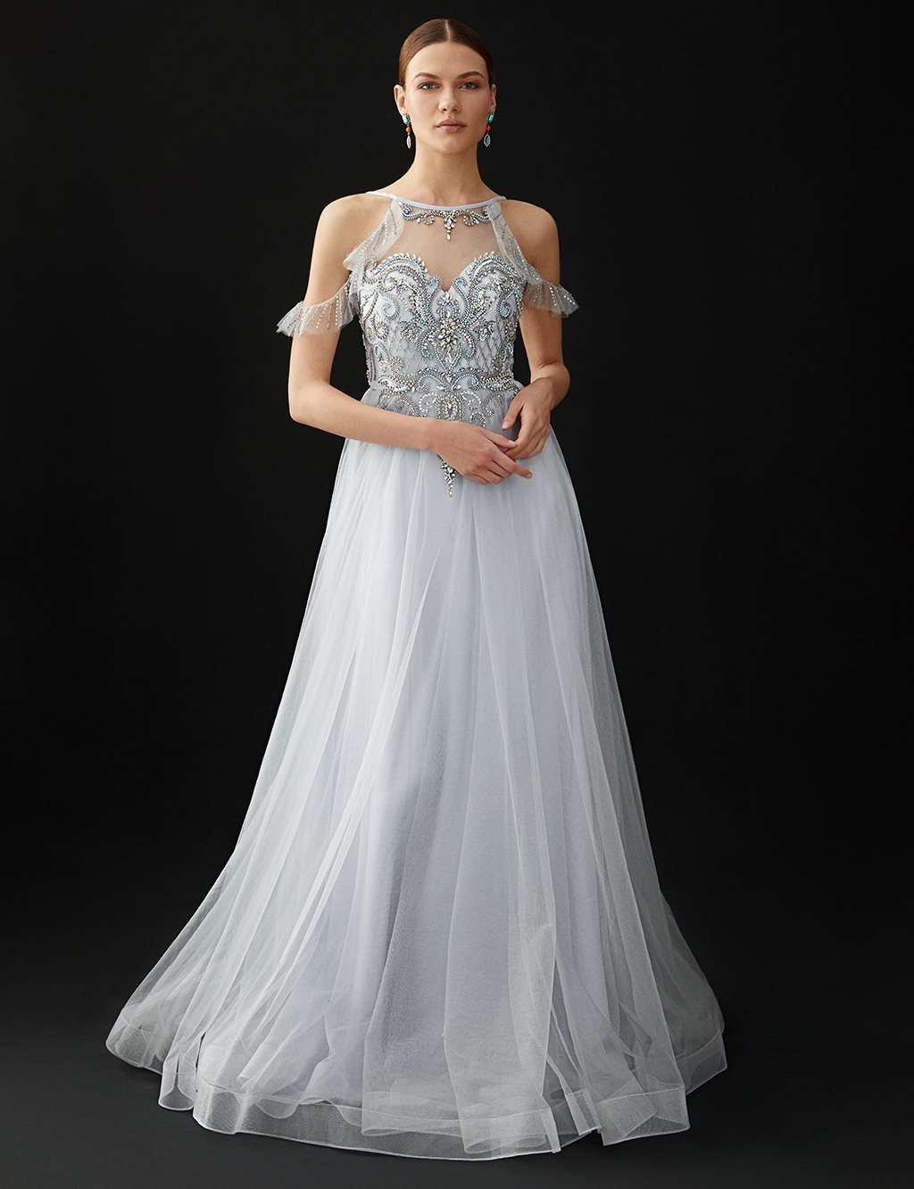 TIARA Bead and Stone Embroidered Evening Dress Light Grey