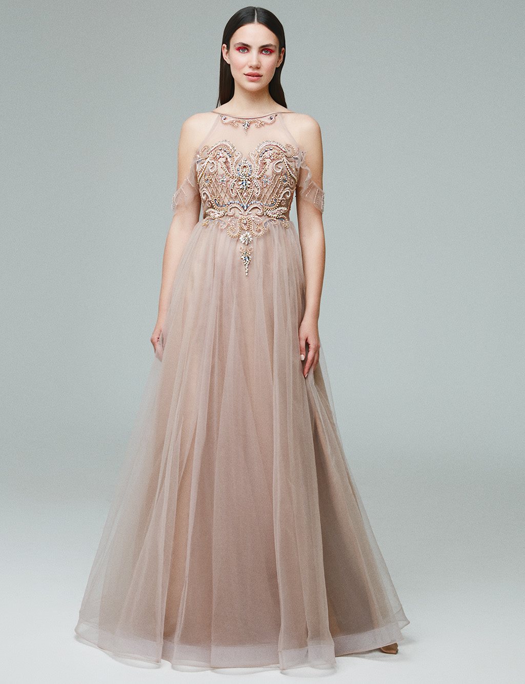 TIARA Bead and Stone Embroidered Evening Dress Pudra