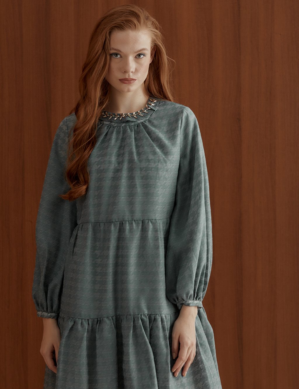 Houndstooth Patterned Embroidered Tunic Teal