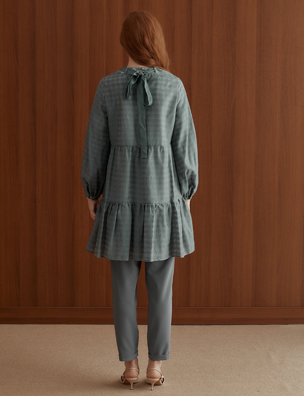 Houndstooth Patterned Embroidered Tunic Teal