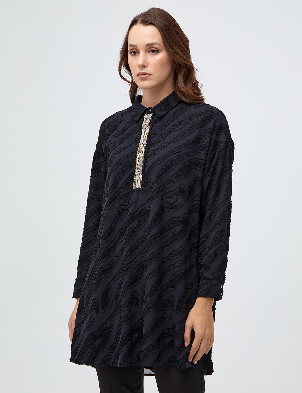 Bead Embroidered Embossed Tunic Black