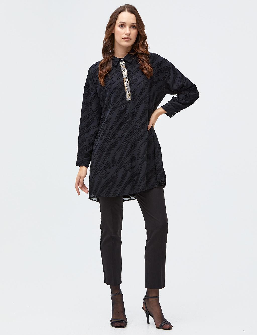 Bead Embroidered Embossed Tunic Black