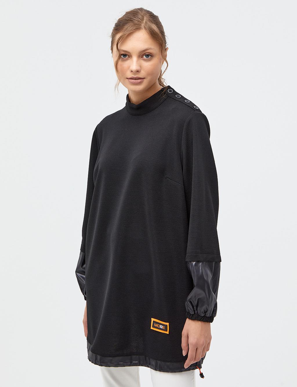 Faux Leather Detailed Corduroy Tunic Black