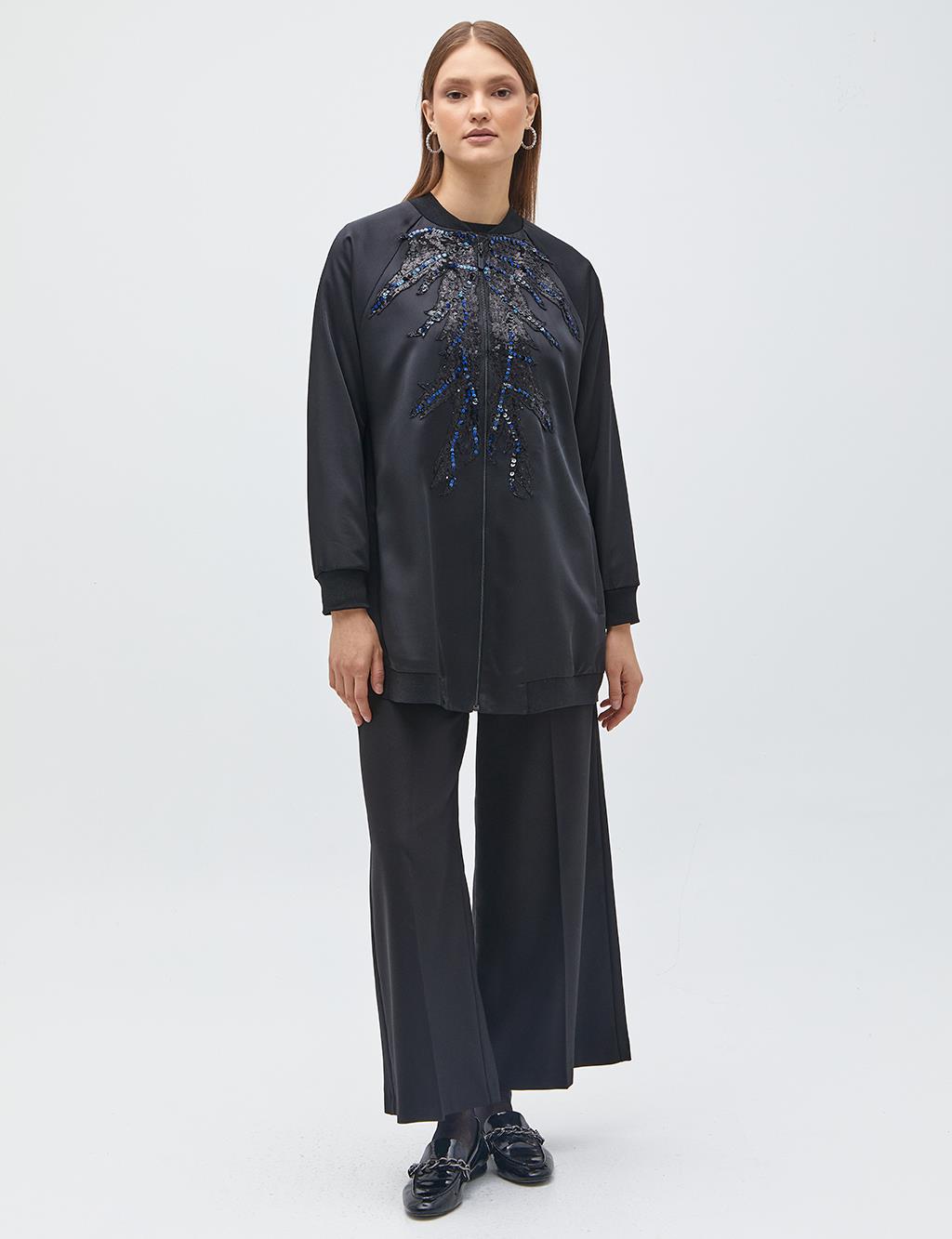 Sequin Embellished Ribbed Jacket Black