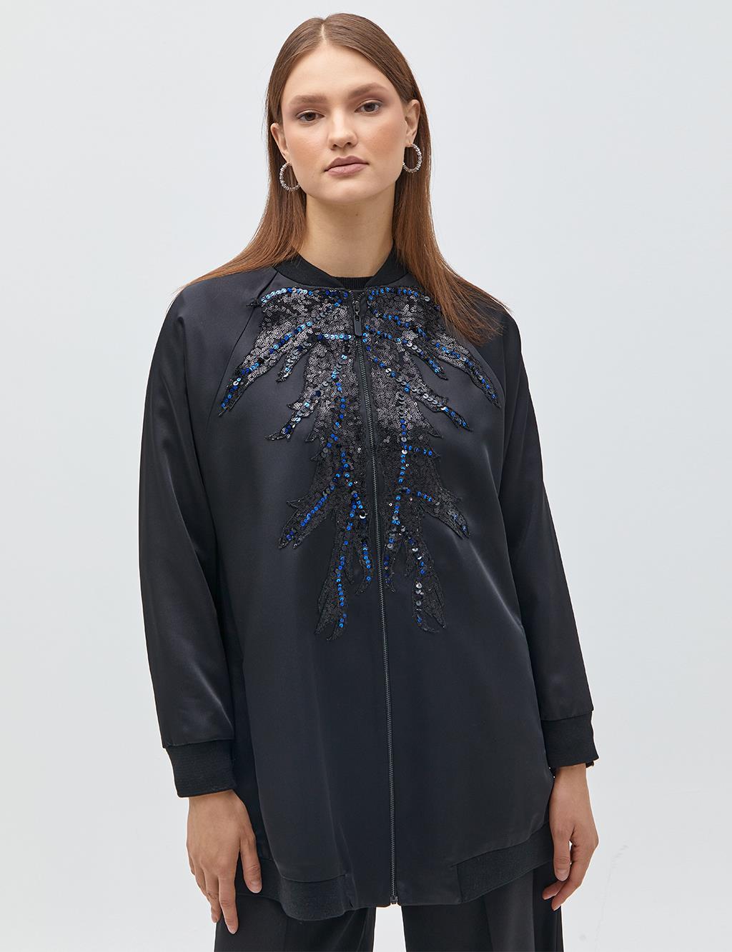 Sequin Embellished Ribbed Jacket Black