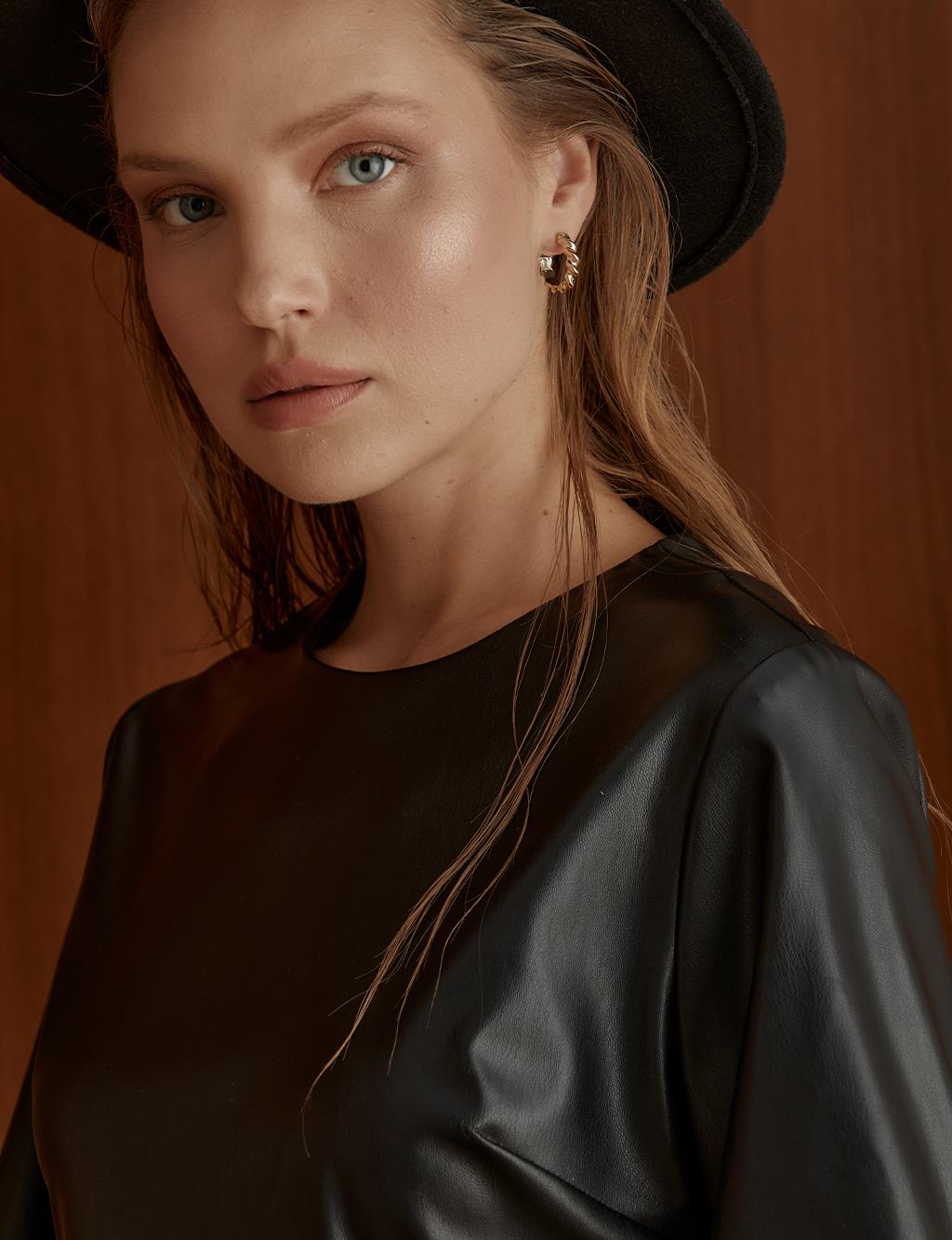 Embroidered Sleeves Zero Collar Faux Leather Dress Black