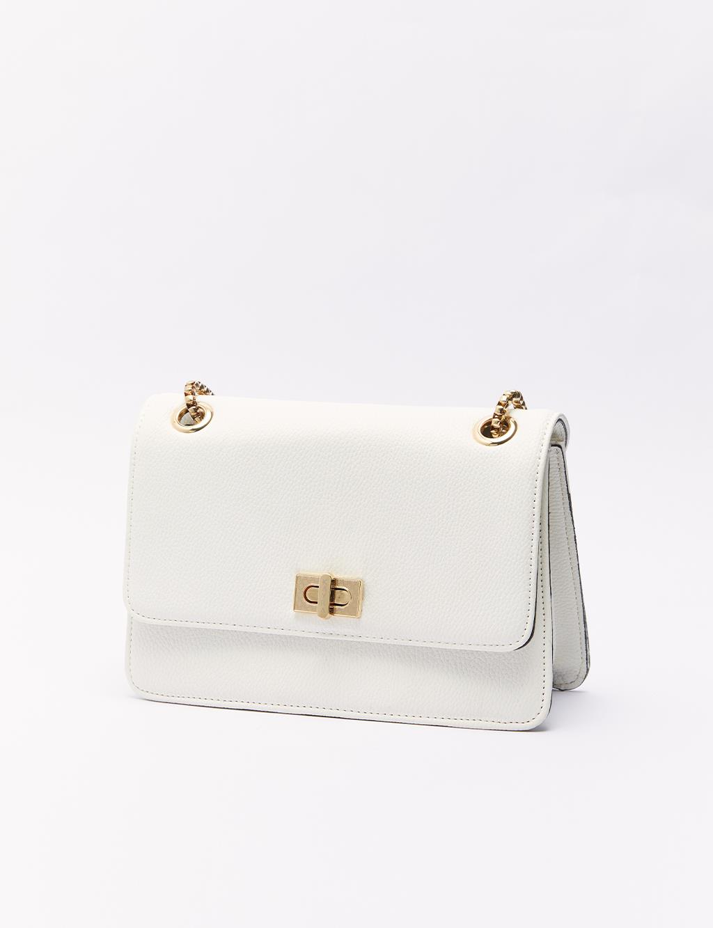 Lock Detailed Rectangle Bag White