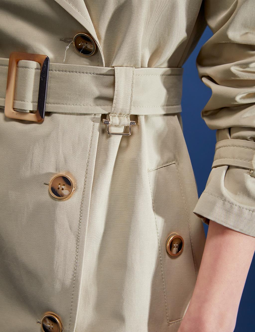 Kemik Düğmeli Kruvaze Trençkot Küf Yeşili