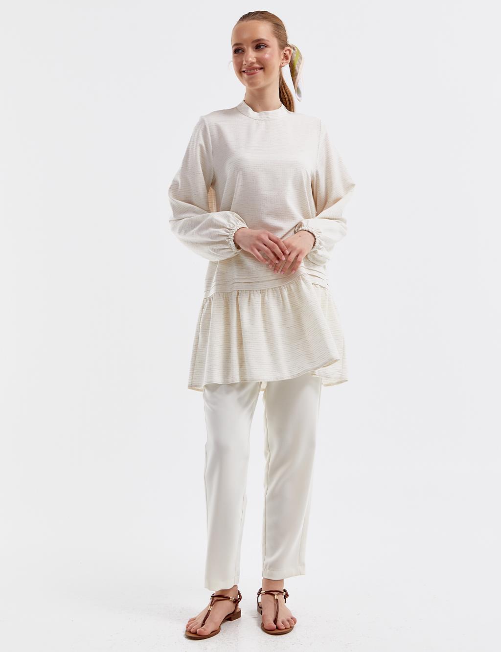 Ribbed Balloon Sleeve Tunic Ecru-Cream