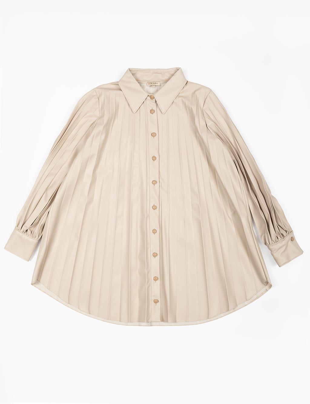 Faux Leather Pleated Tunic Light Beige