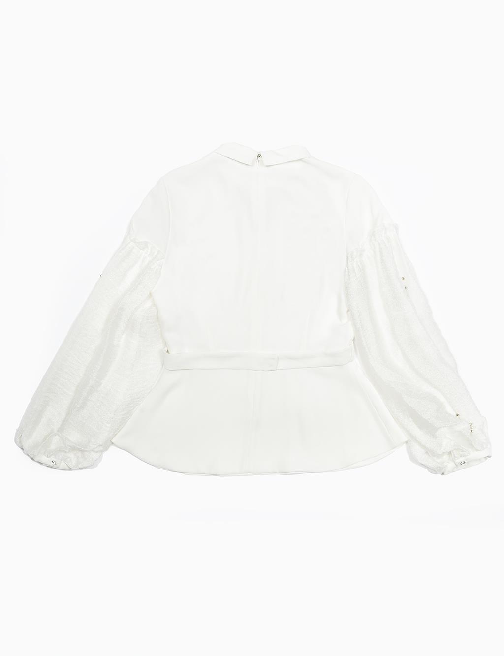 Stone-Embellished Balloon Sleeve Blouse in Ecru